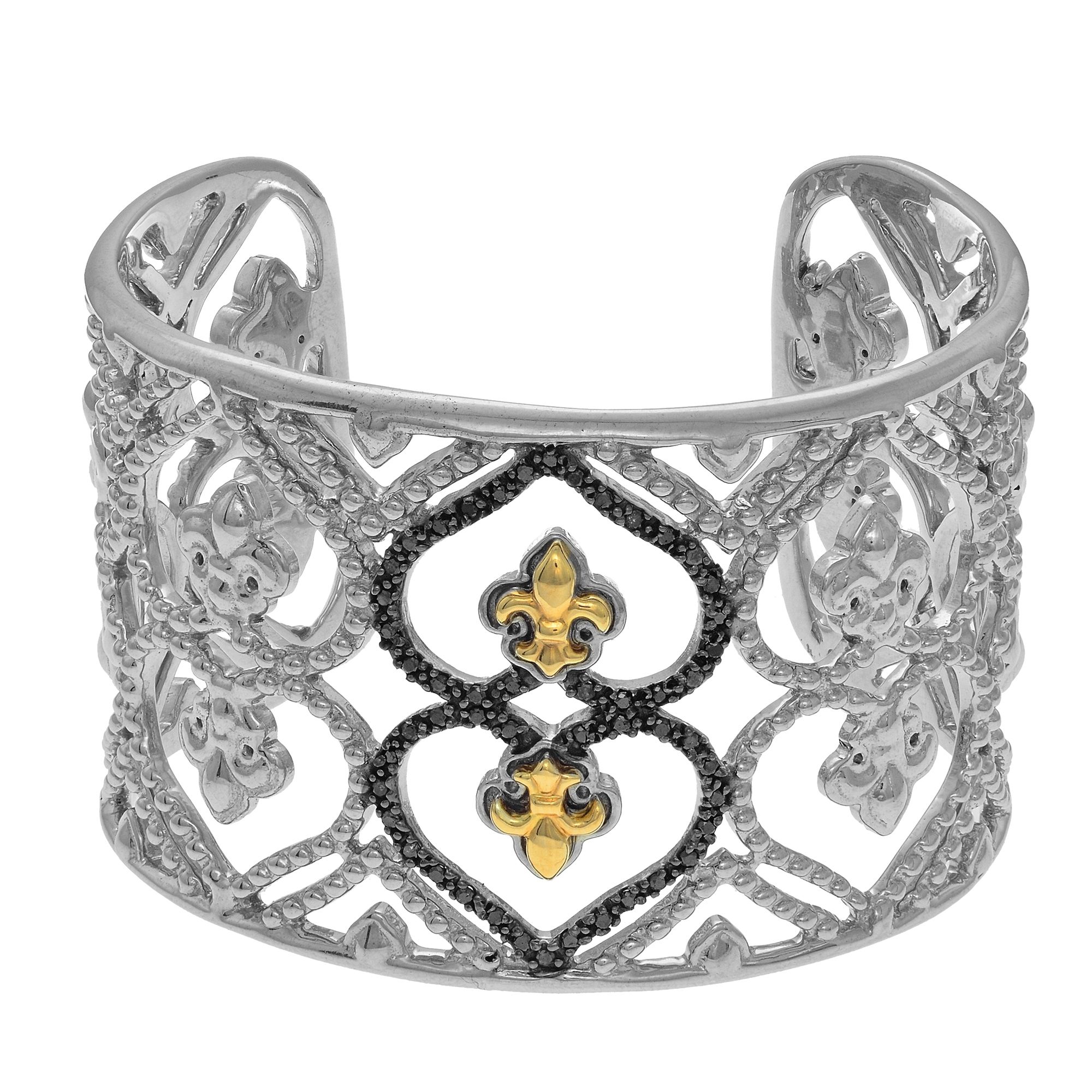 Silver And 18Kt Gold 40Mm Fleur De Lis Pattern Cuff Bangle With .50Ct Black Diamond - BMPG-SILF3335